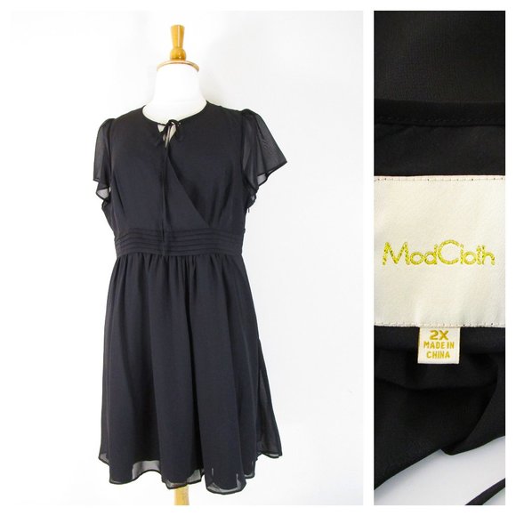 Modcloth | Dresses | New Modcloth Plus Size Solid Black Tie Neck Aline ...